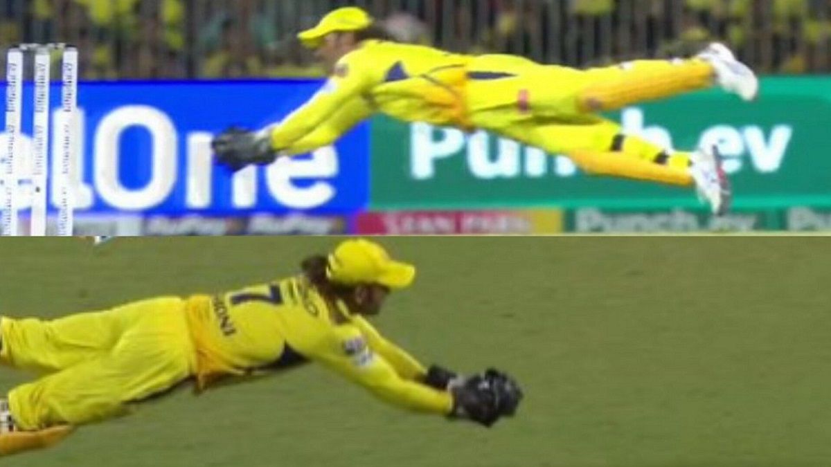 42 साल के सुपरमैन धोनी! हवा में डाइव लगाकर लपका अद्भुत कैच, VIDEO - Ms dhoni brilliant diving ...
